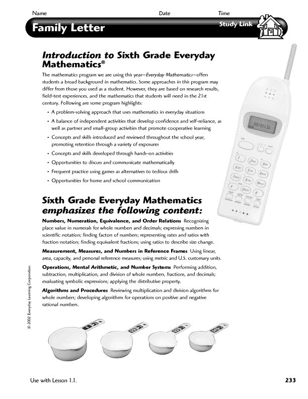 Everyday Math 6th Grade Chapter 1 Parent Letter